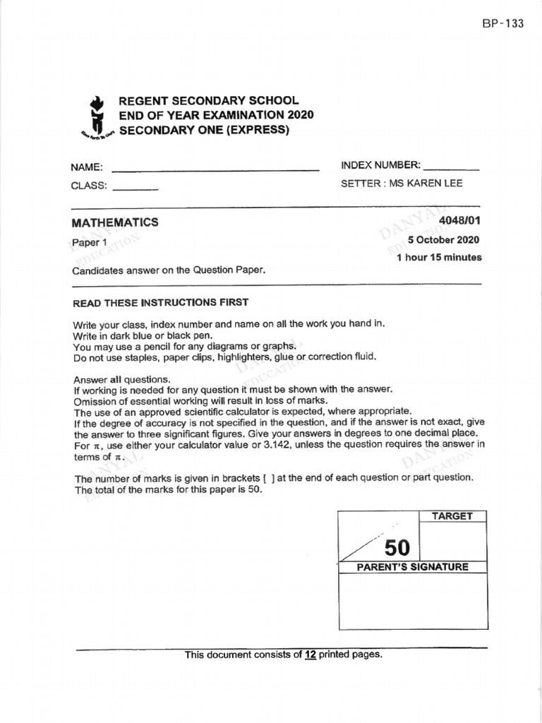 Regent Secondary End of Year 2020 Sec 1 Math PDF | PDF | Numbers ...