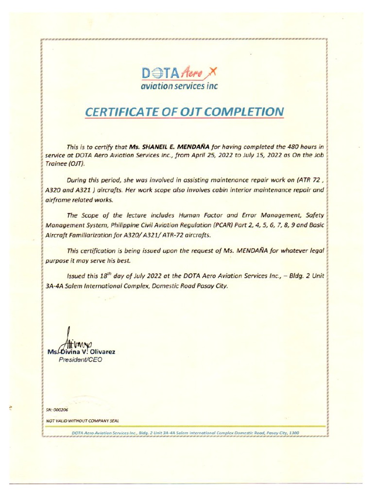 Ojt Certificate | PDF