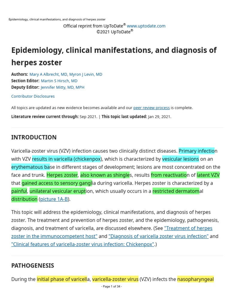Epidemiology, clinical manifestations, and diagnosis of herpes zoster ...