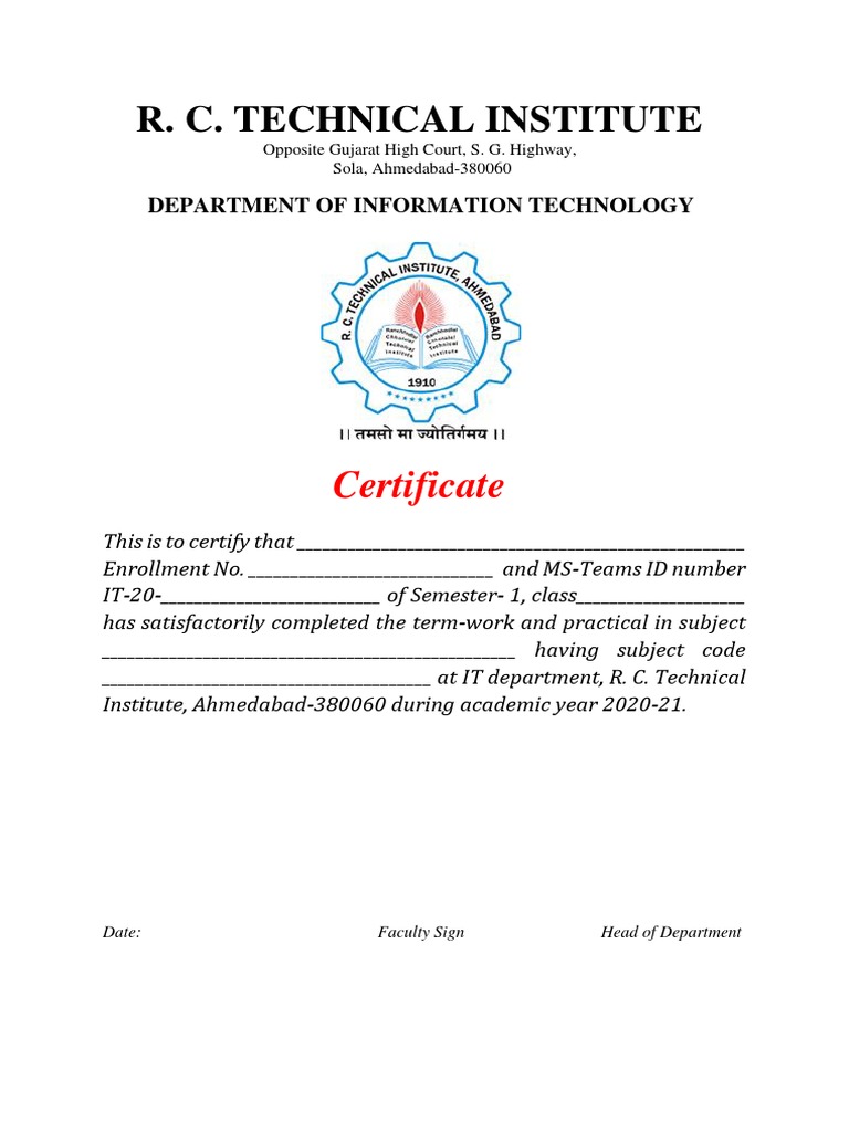 R.C. Technical Institute Certificate Template | PDF
