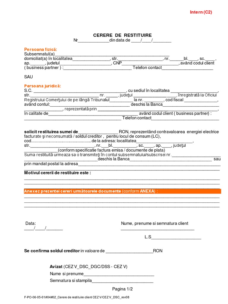 F PO 06 05 010402 - Cerere de Restituire Clienti CEZ V - Rev08 - C2 PDF ...