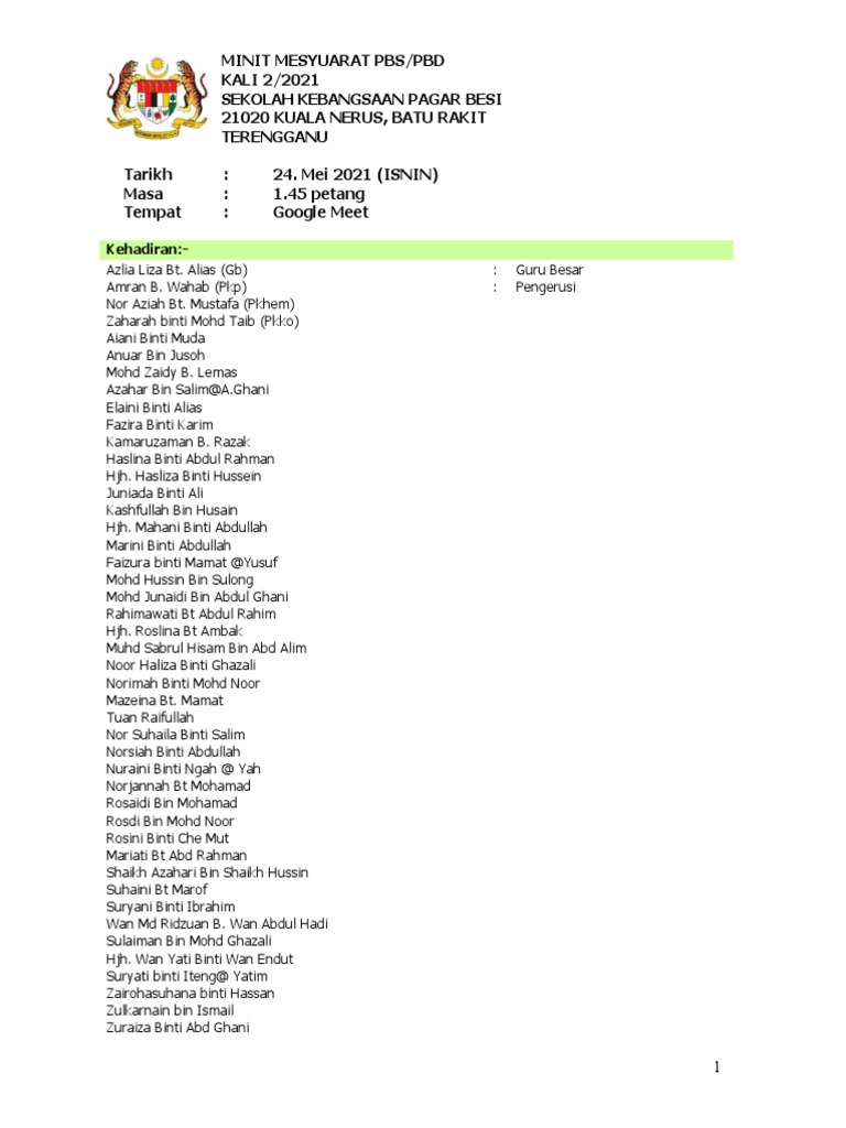 Minit Mesyuarat Pbs 2 2021 | PDF