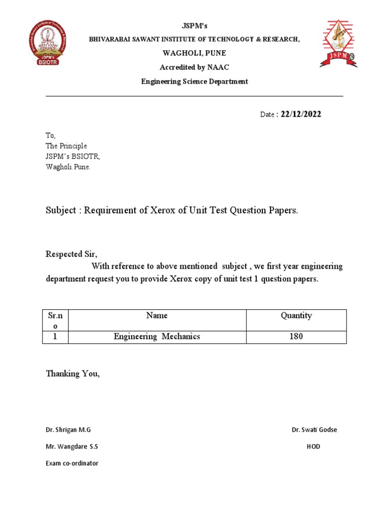Subject: Requirement of Xerox of Unit Test Question Papers | PDF