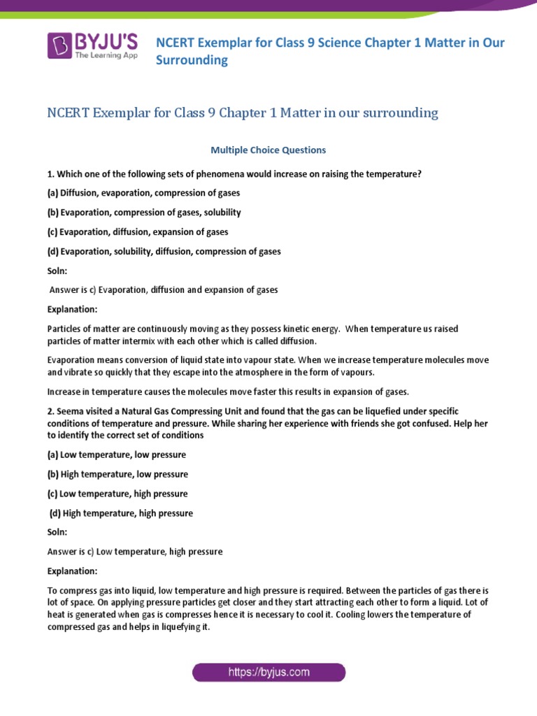 NCERT Exemplar Solution Class 9 Chapter 1 | PDF | Evaporation | Gases NCERT Exemplar Solution Class 9 Chapter 1 | PDF | Evaporation | Gases