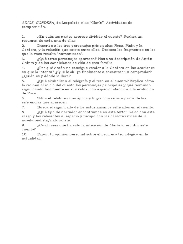 Análisis y personajes de "Adiós, Cordera" | PDF
