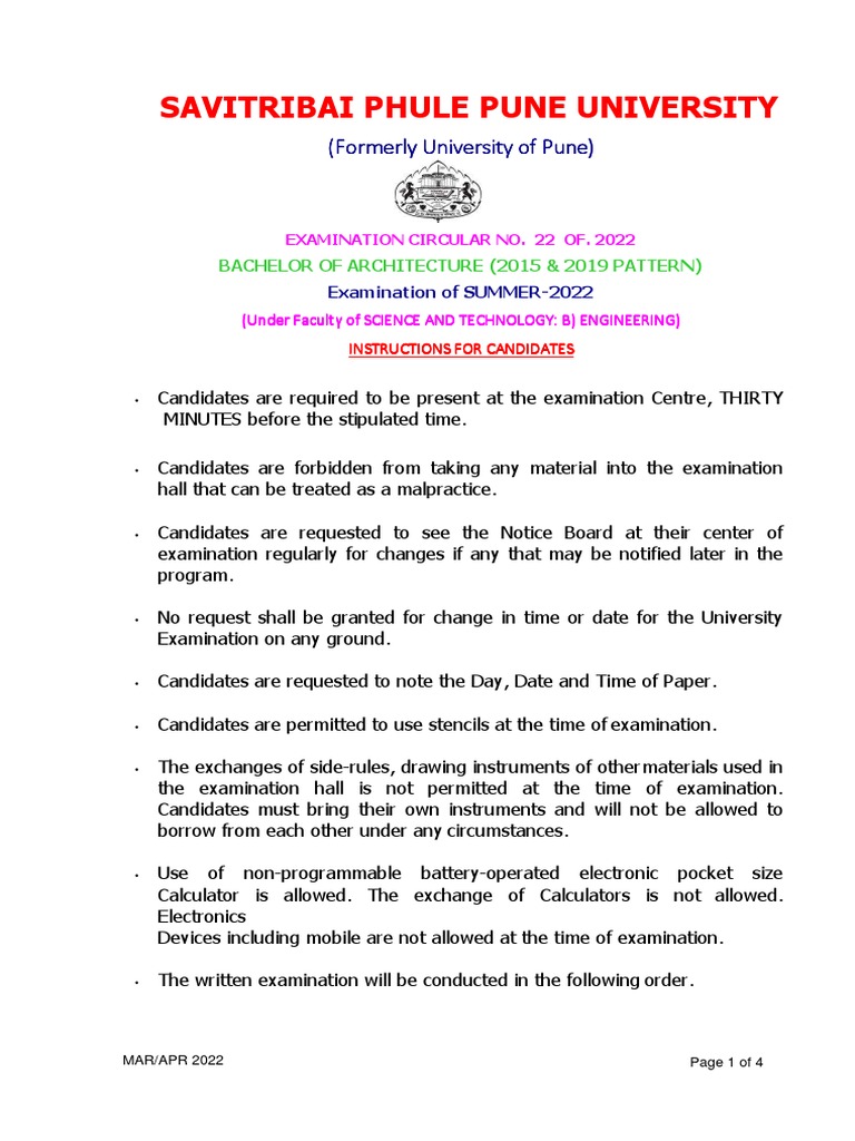 Revised Timetable of B Arch Second Year, Third Year (2019 Pattern) and Fourth Year (2015 Pattern ...