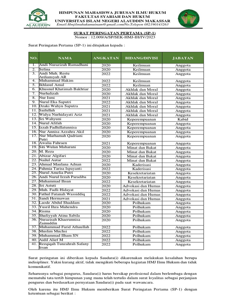 Surat Peringatan Pertama (SP-1) HMJ IH Periode 2023-2024 | PDF