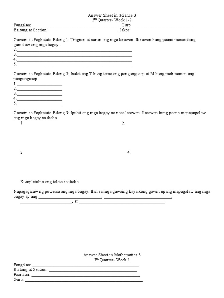 Answer Sheet GR 3 Q3 W1 | PDF