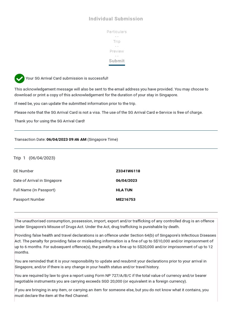 SG Arrival Card Submission Confirmation | PDF