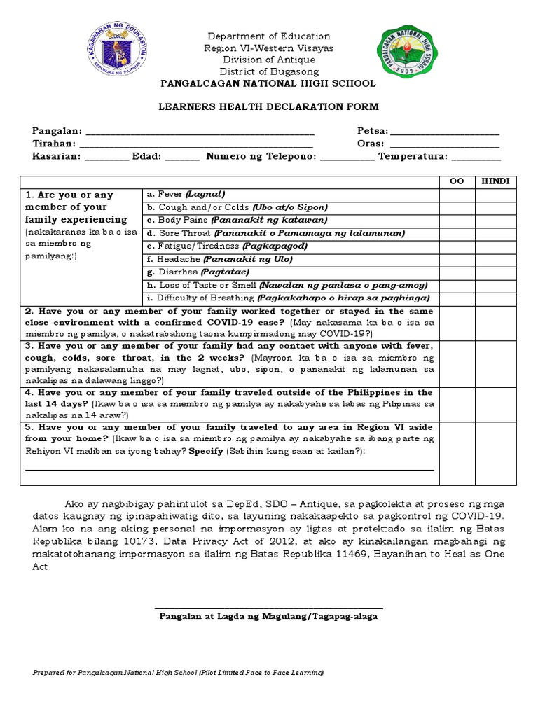 Learners Health Declaration | PDF