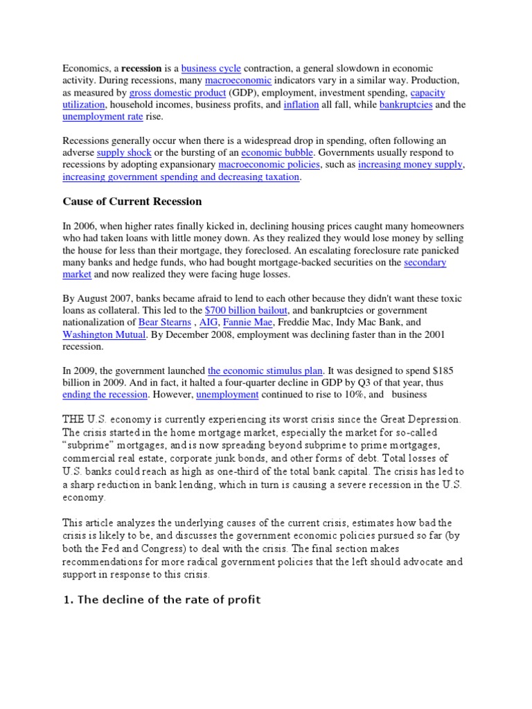 An Analysis of the Causes and Impact of the Late 2000s Recession in the ...