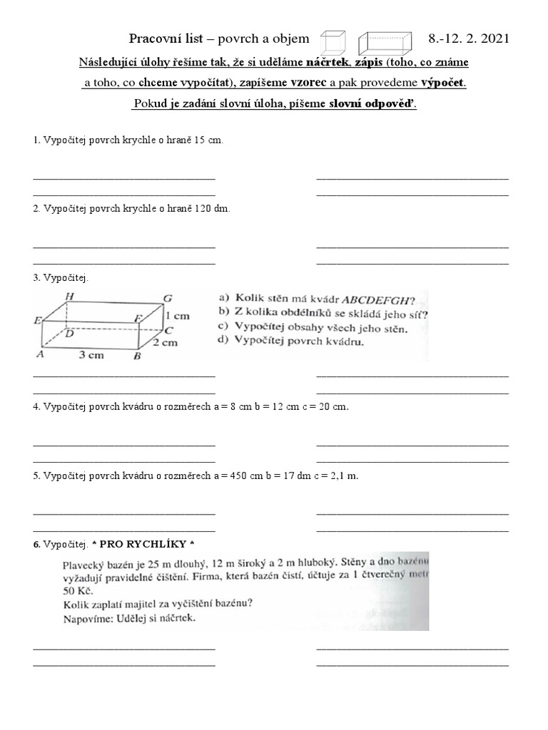 Pracovni List - Krychle Kvadr - Objem Povrch PDF | PDF