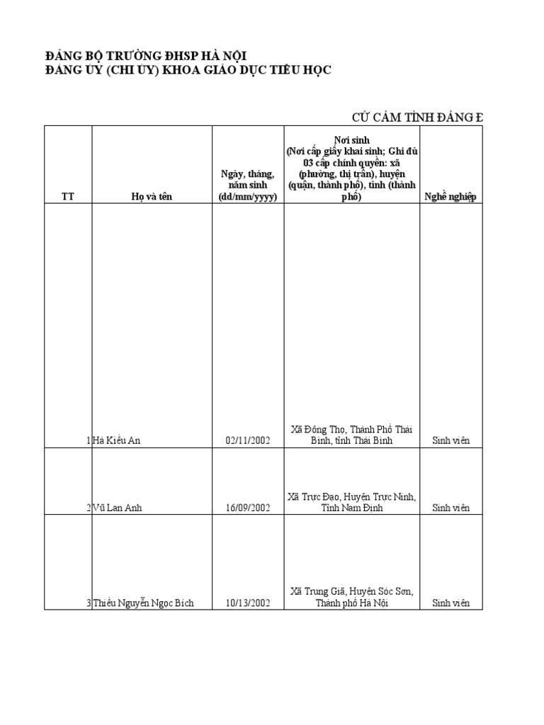 Danh sách đăng kí học cảm tình Đảng GDTH | PDF