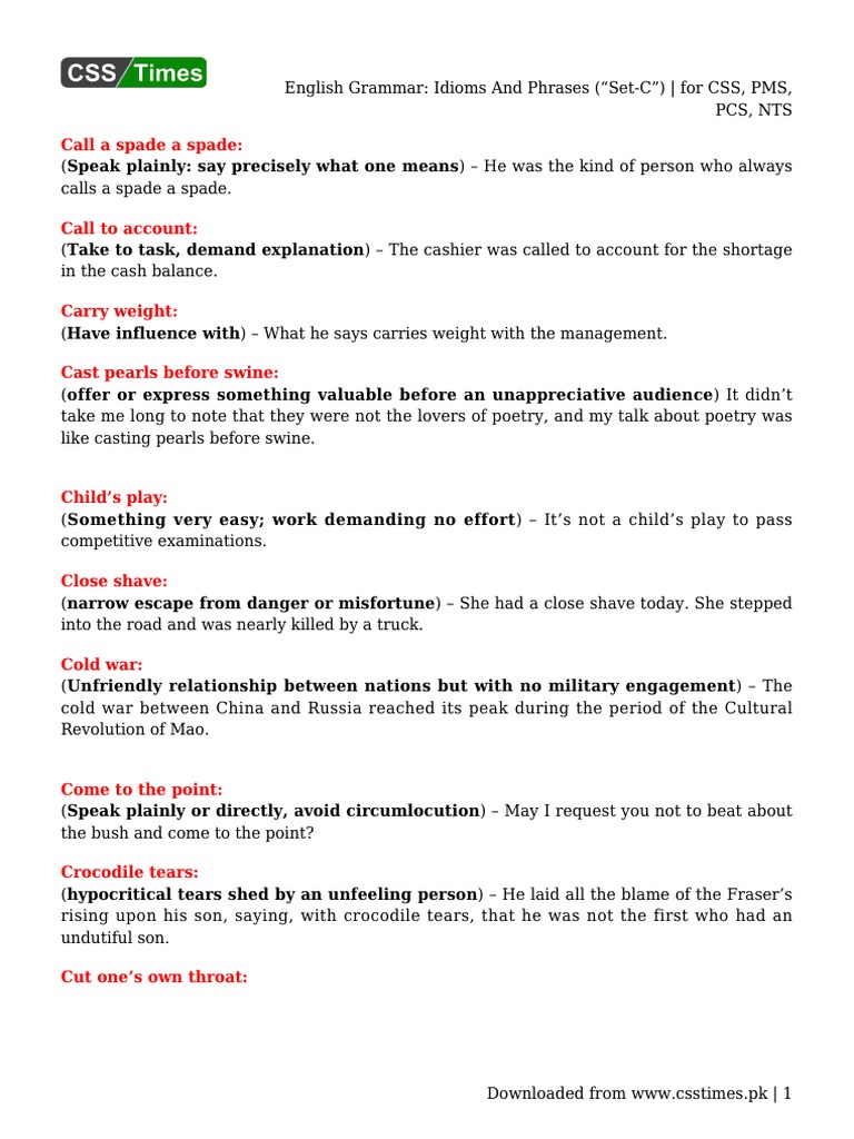English Grammar - Idioms and Phrases ("Set-C") - For CSS, PMS, PCS, NTS ...