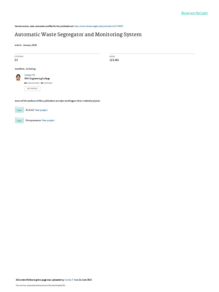 Automatic Waste Segregator and Monitoring System PDF | PDF
