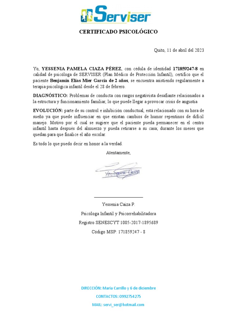 Certificado Psicológico Benjamin Mier | PDF