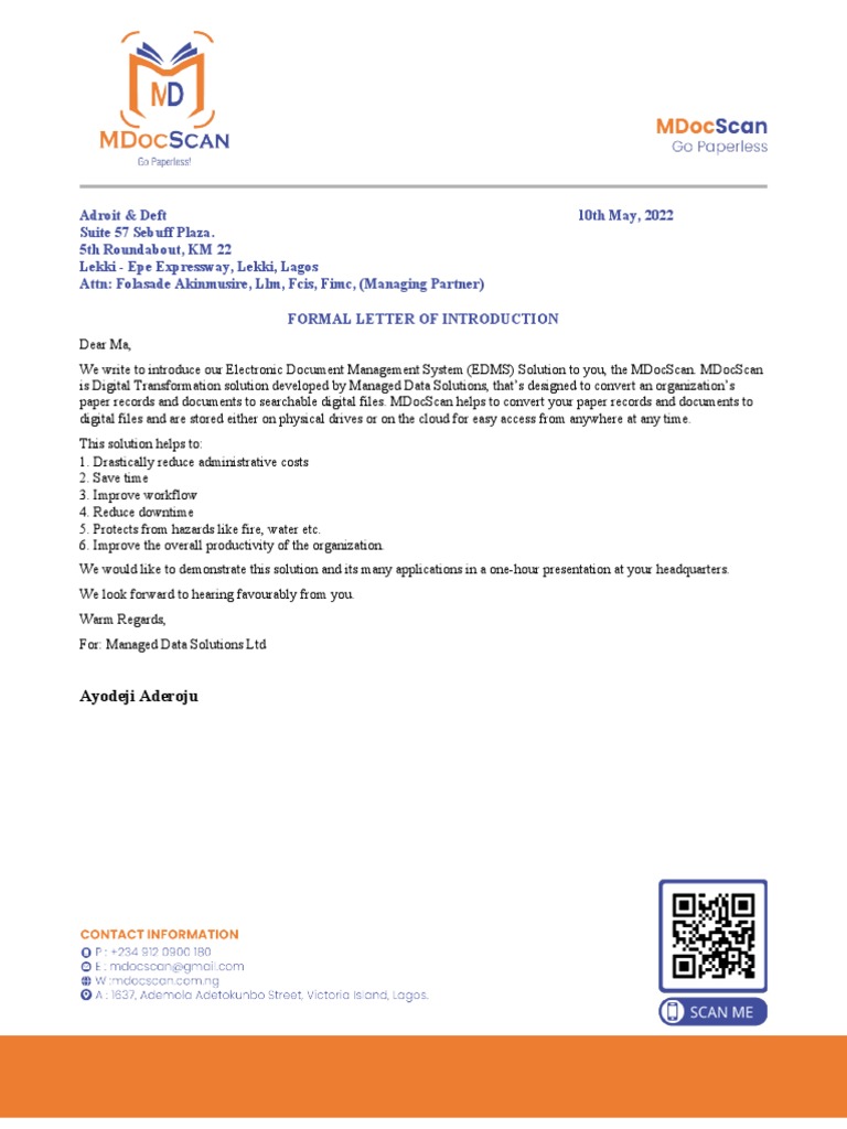 MDocScan Introduction Letter (Adroit & Deft) | PDF