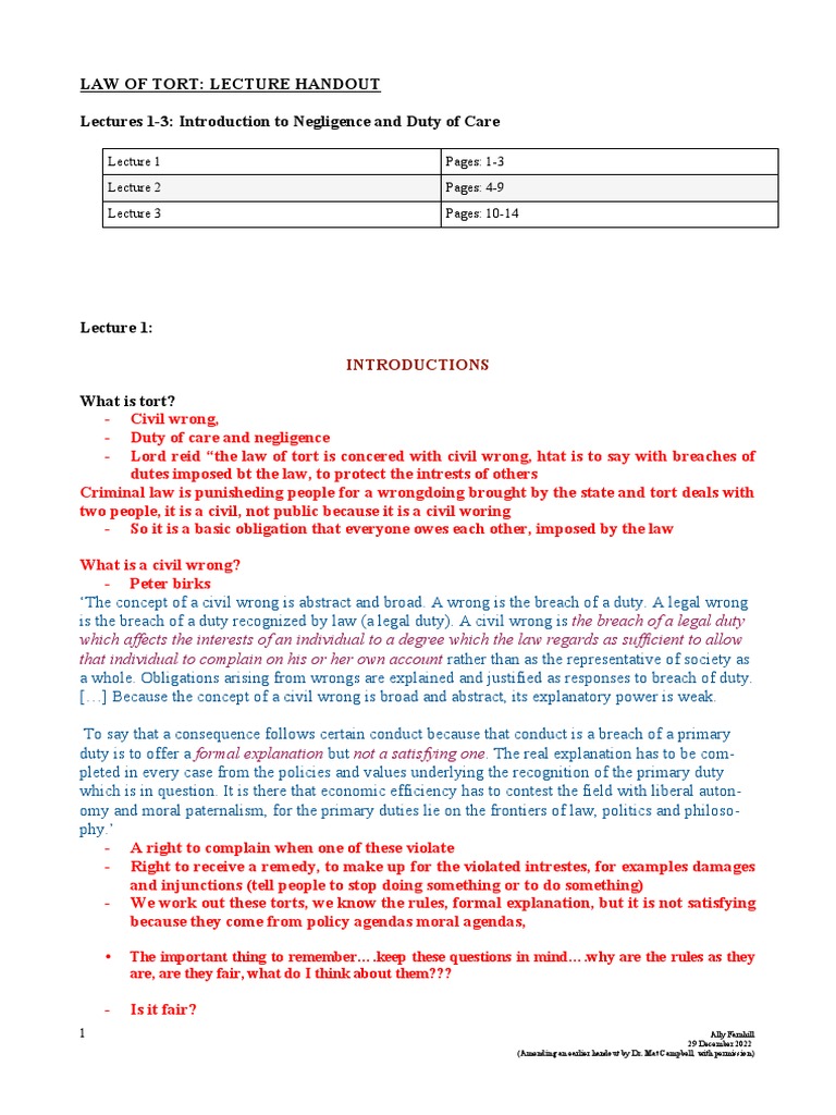Handout For Week One Law of Tort Lectures 1-3 2 | PDF | Negligence | Tort