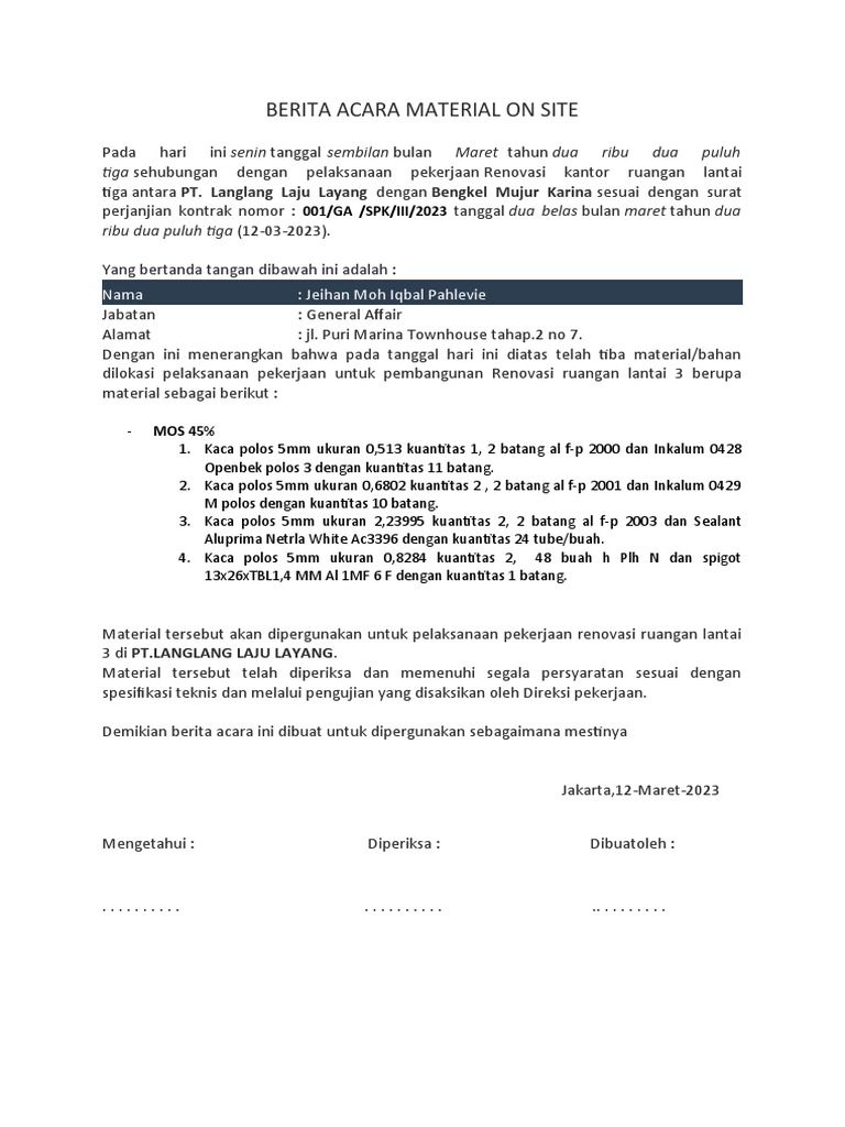 Berita Acara Material On Site 45% | PDF