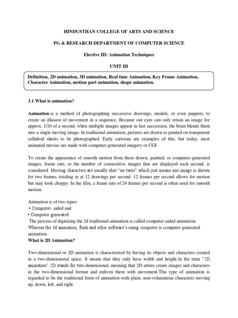 Animation Techniques - Unit III Material (20CEU28A) | PDF