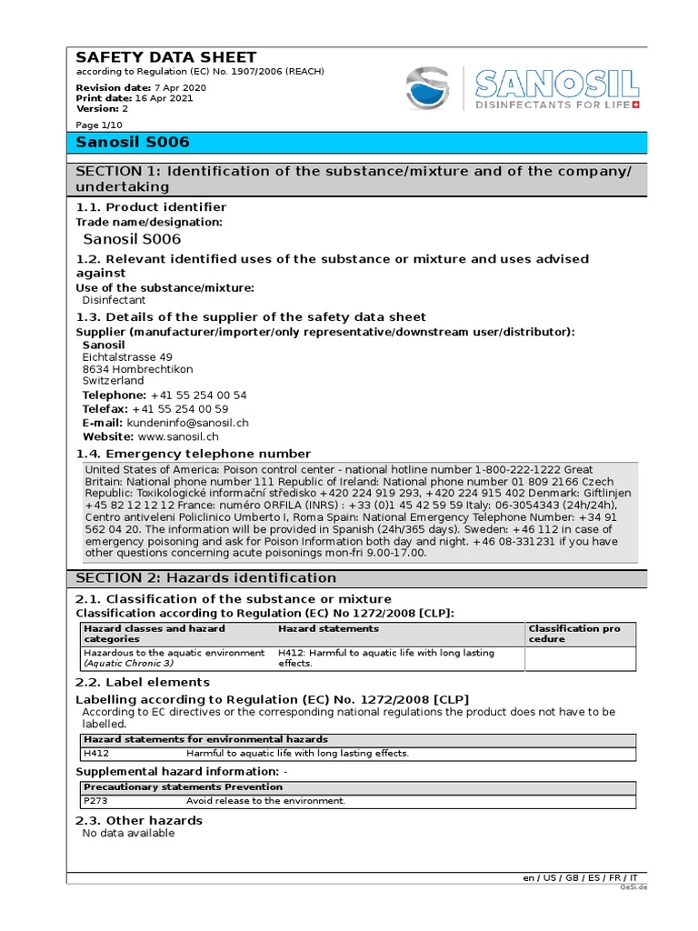 Sanosil S006 Safety Data Sheet | PDF