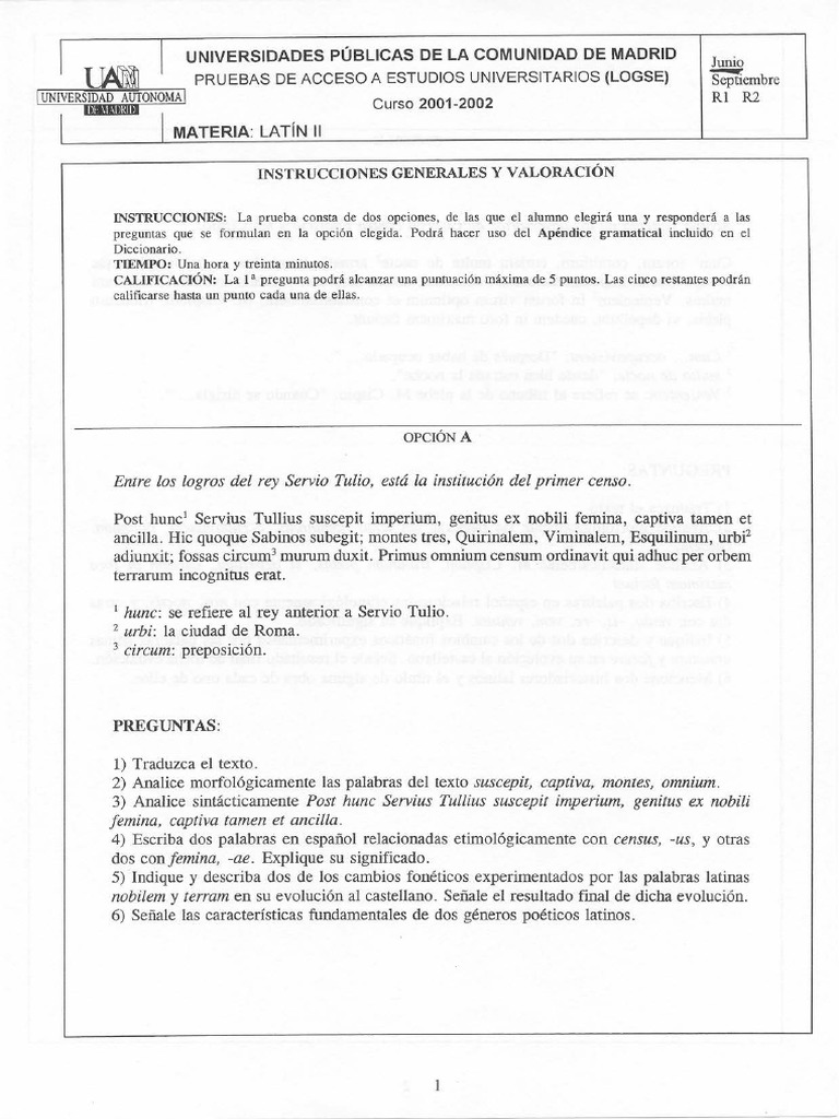 Examen Latín II de La Comunidad de Madrid (Ordinaria de 2002) (WWW ...