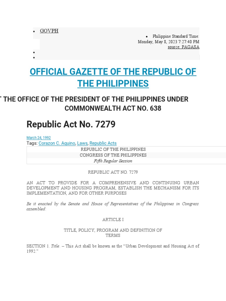 Ra 7279 | PDF | Squatting | Eminent Domain