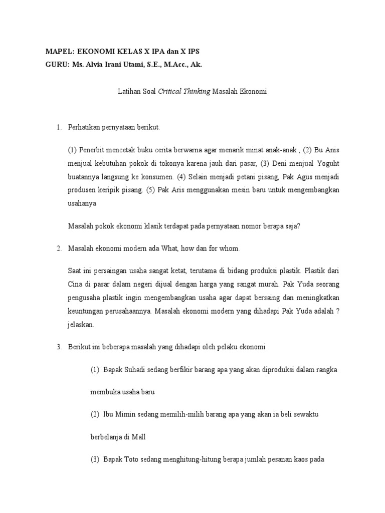 SOAL MASALAH EKONOMI Kelas X | PDF
