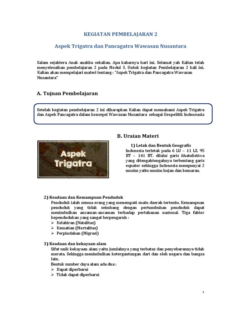 KD 3.7 Aspek Trigatra Dan Pancagatra Wawasan Nusantara | PDF