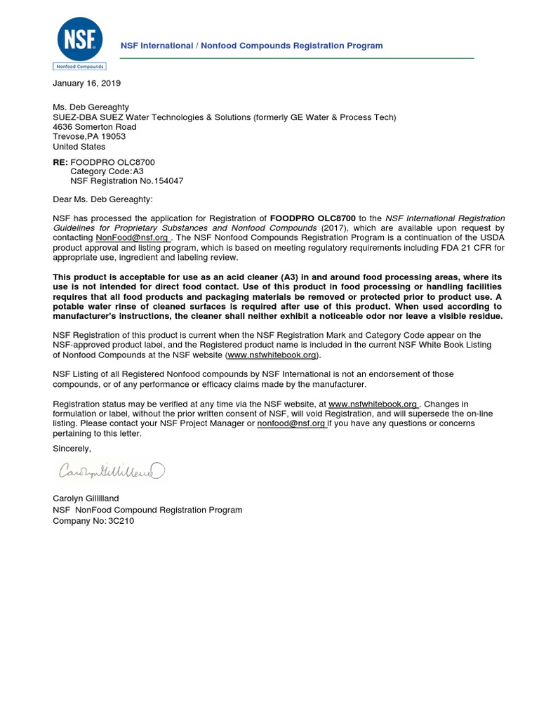 NSF International / Nonfood Compounds Registration Program | PDF
