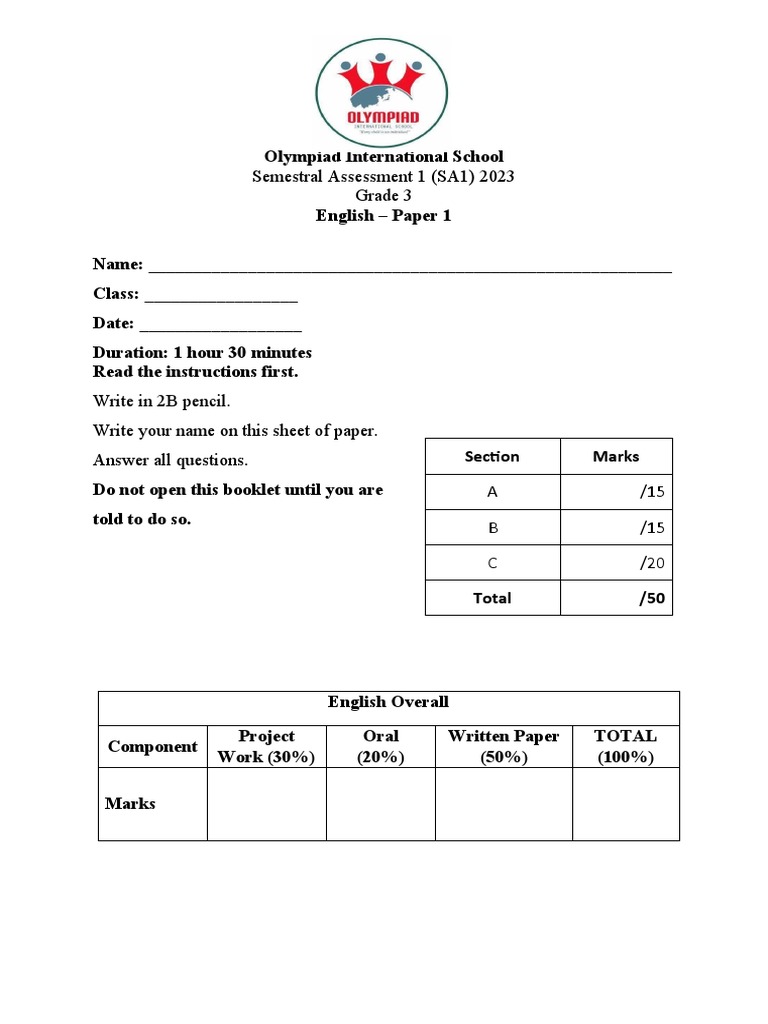 Grade 3 English SA1 Exam Paper | PDF