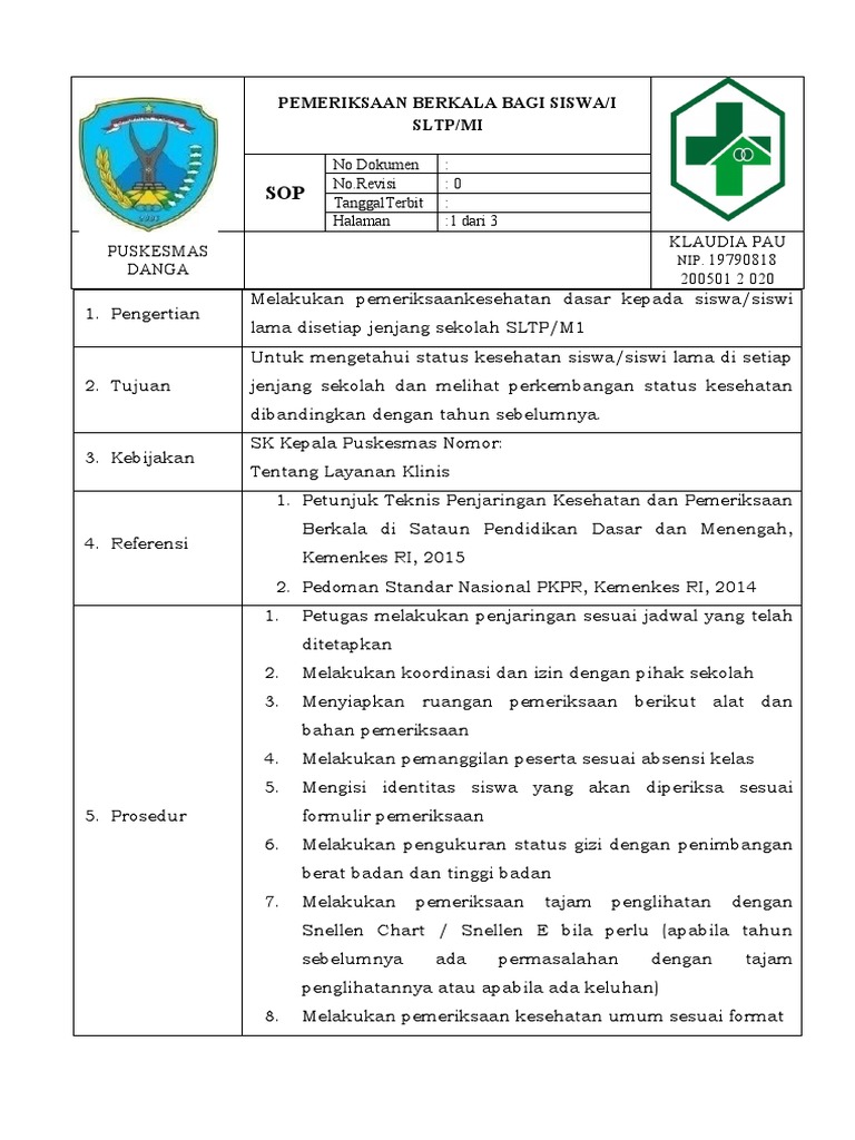 Sop Pemeriksaan Berkala Bagi Siswa SMP Mi | PDF