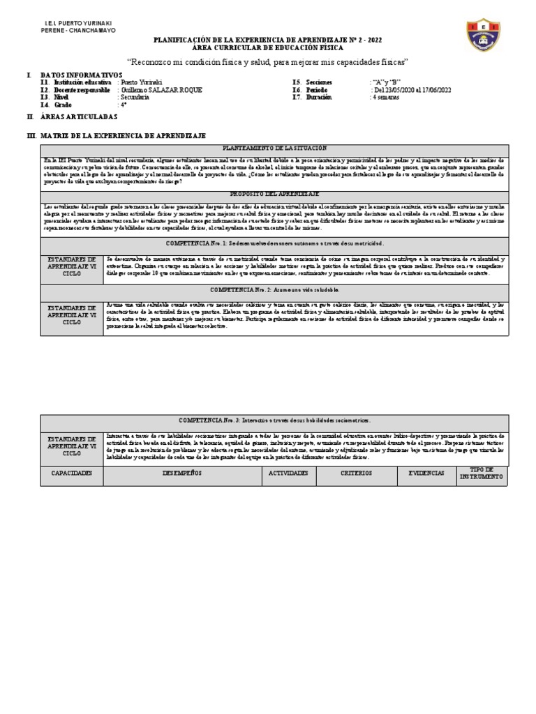 Experiencia de Aprendizaje 2022 - PY - #2 - 4to - Ed. Física | PDF | Aprendizaje | Evaluación