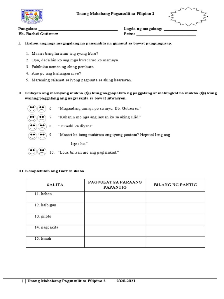 Long Test 1 Filipino 2 | PDF