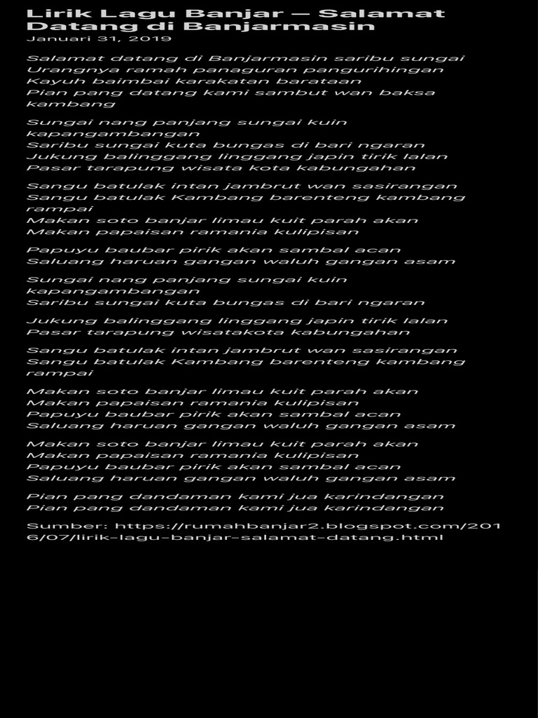 Lirik Lagu Banjar - Salamat Datang Di Banjarmasin Kultum Islami PDF | PDF