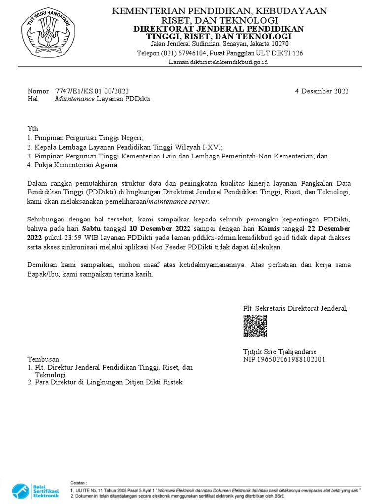 Surat Edaran - Maintenance Layanan PDDikti PDF | PDF