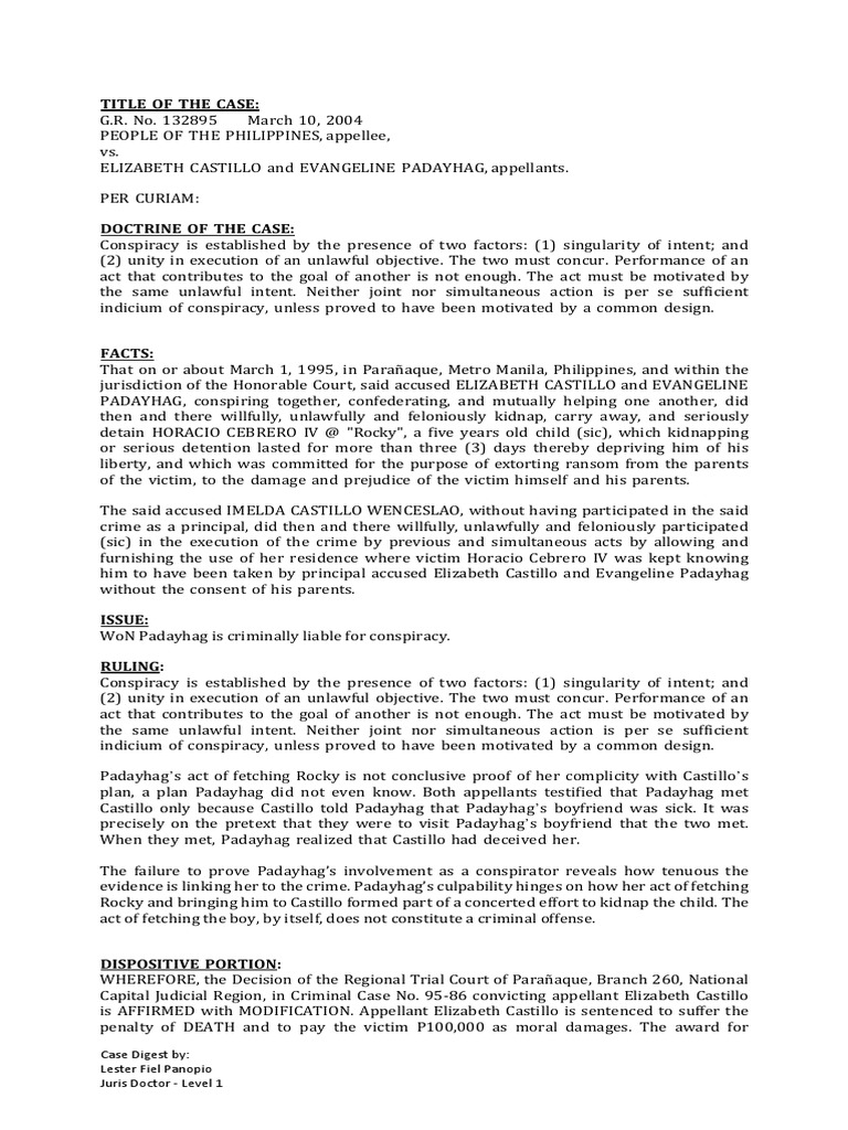 People v. Castillo: Conspiracy Ruling | PDF | Kidnapping | Capital ...