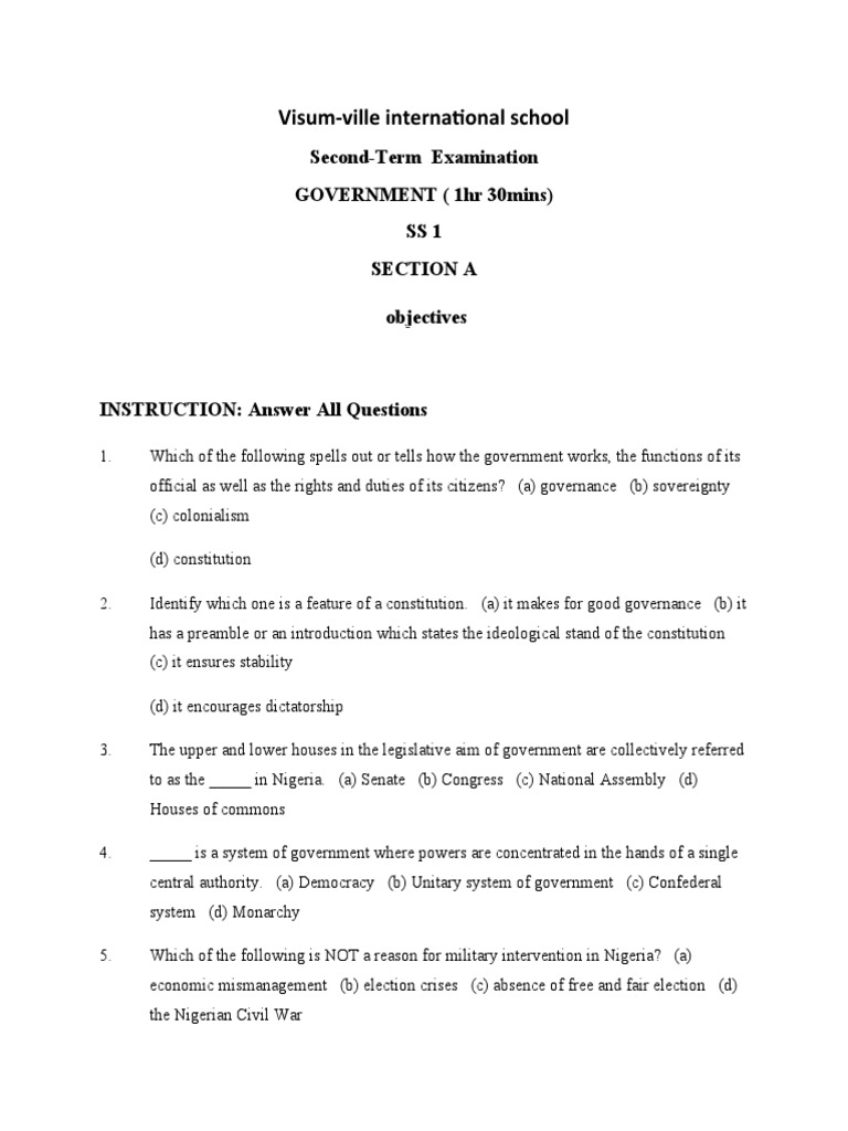 ss1 Government Exam | PDF