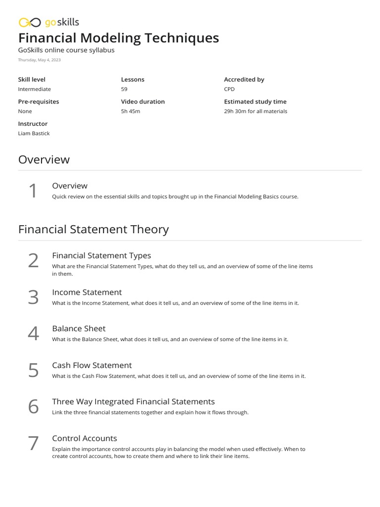 Financial Modeling Techniques - GoSkills Course Syllabus PDF | PDF