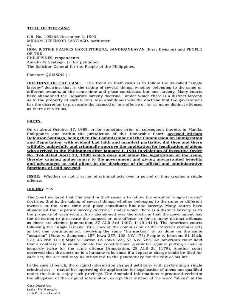 Defensor Santiago V Justice Garchitorena (Single Larceny Doctrine) PDF ...