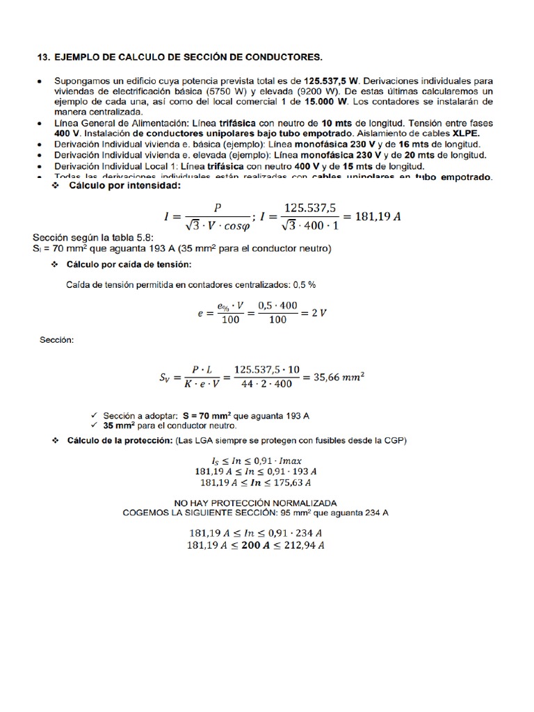 Ejercicio - EJEMPLO DE CALCULO DE SECCION DE CONDUCTORES PDF | PDF