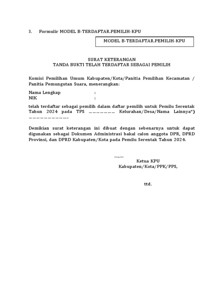 Formulir MODEL B-TERDAFTAR - PEMILIH-KPU | PDF
