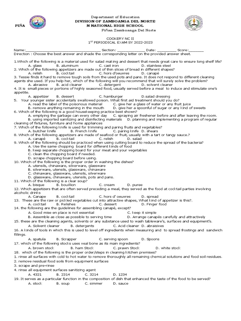 1st Q Cookery Exam | PDF
