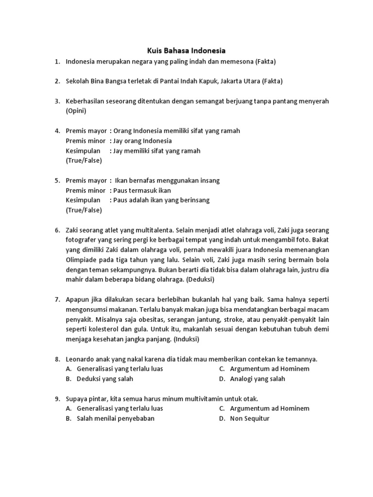 Kuis Bahasa Indonesia PDF | PDF