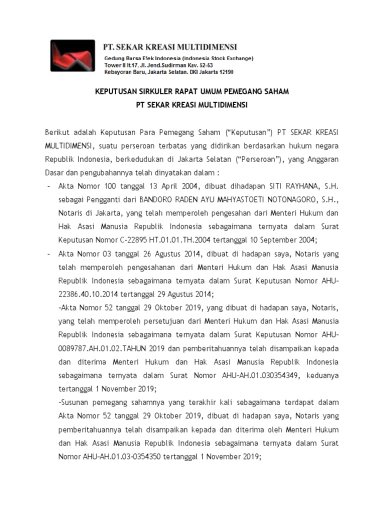 Draft RUPS Keputusan Sirkuler PT SEKAR KREASI MULTIDIMENSI (Dirkom Dan Alamat) 9 Maret 2020 | PDF