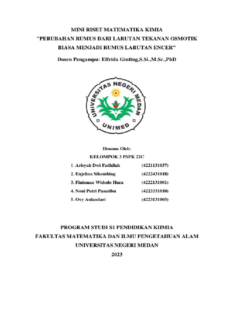 Mini Riset - MTK Kimia - Tekanan Osmotik - Kelompok 3 - PSPK22C PDF | PDF
