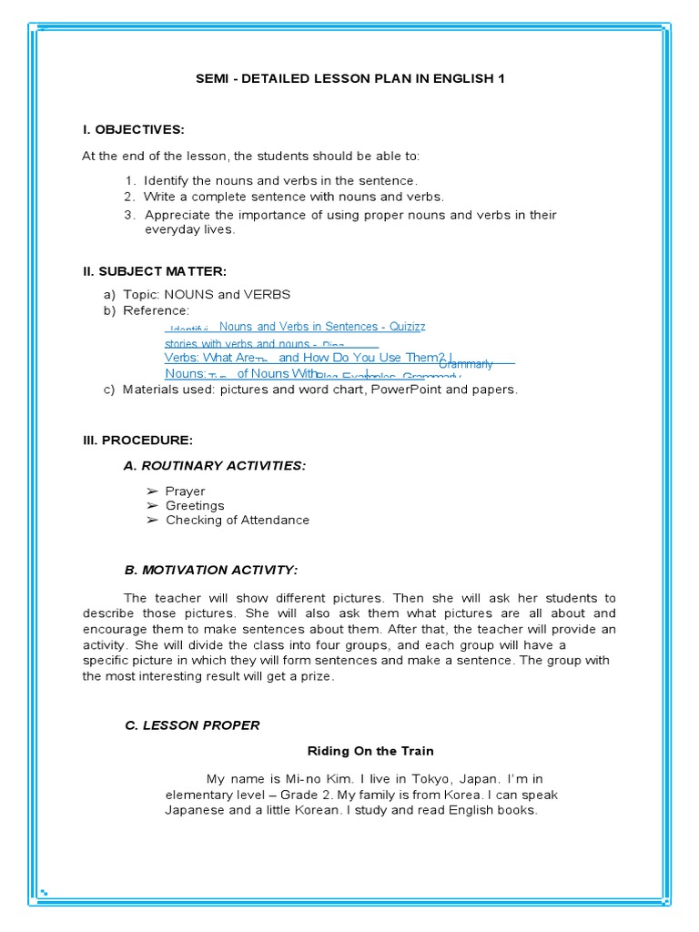 SEMI DETAILED LESSON PLAN IN ENGLISH 1-Aizelcabailo | PDF | Verb | Noun