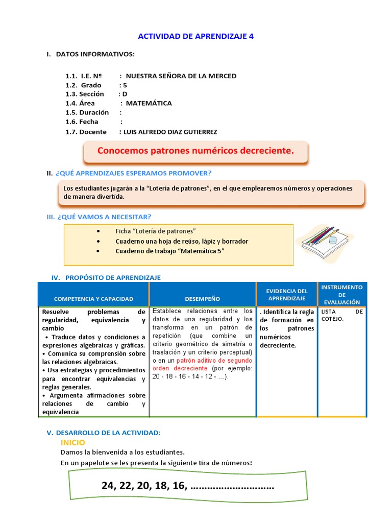 D4 A2 SESION MAT. Conocemos Patrones Numéricos Decreciente | PDF