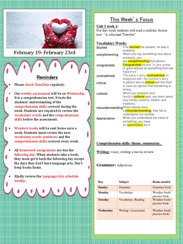 February 19-February 23rd: This Week's Focus | PDF | Reading ...