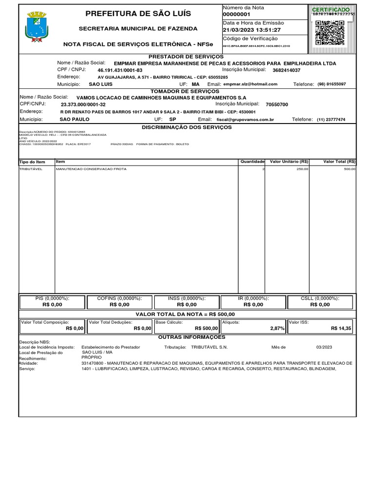 Nota Fiscal Servico N 001 Vamos | PDF | Economias | Mercado (economia)